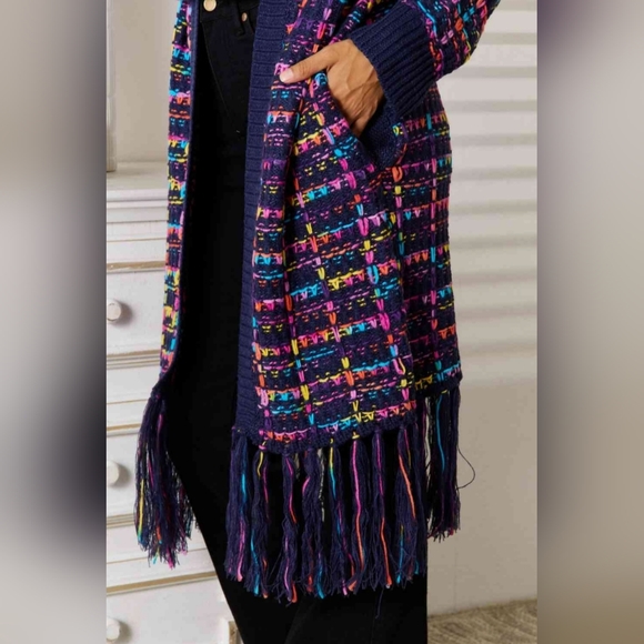 Sweaters | Bold Retro Knit Colorful Fringe Hem Longline Duster Sweater ...